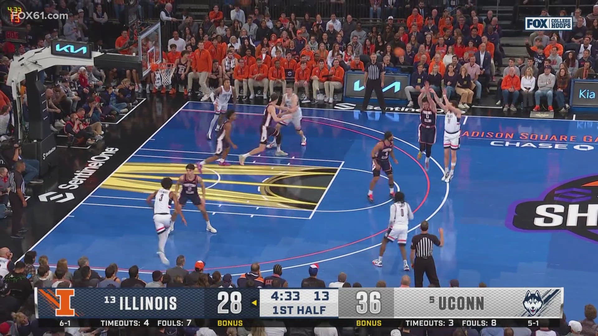 No. 5 UConn men show identity in wire-to-wire 74-61 win over No. 13 Illinois | fox61.com