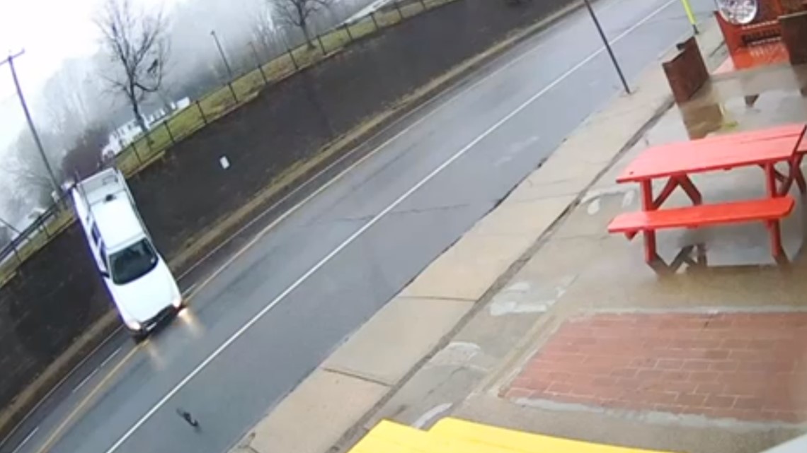 WATCH: Unoccupied car jumps curb, falls 20 feet, stops upright | fox61.com