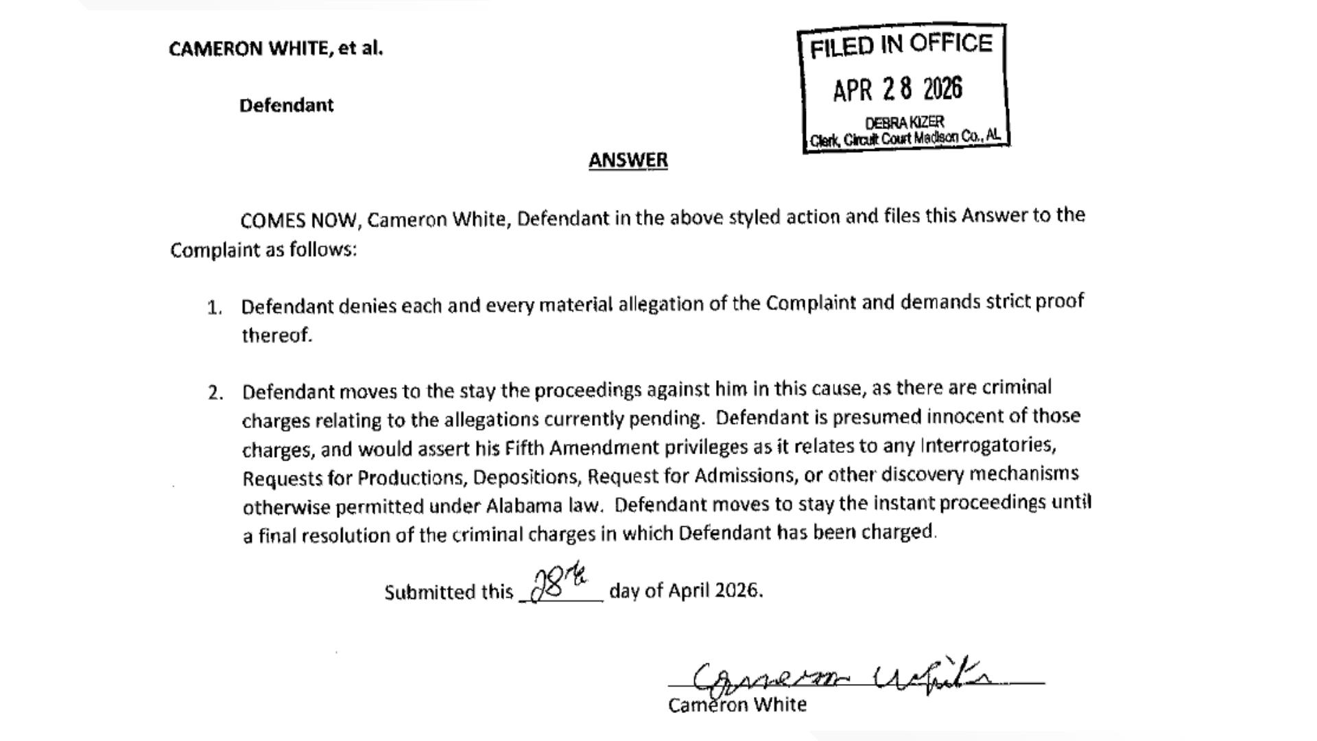 Cameron White enters formal denial of allegations in Huntsville church ...