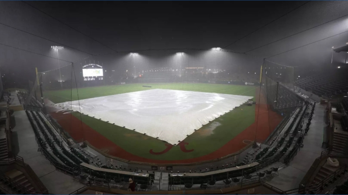 Rain delay pushes Alabama Super Regional Game 2 to Monday in Tuscaloosa ...