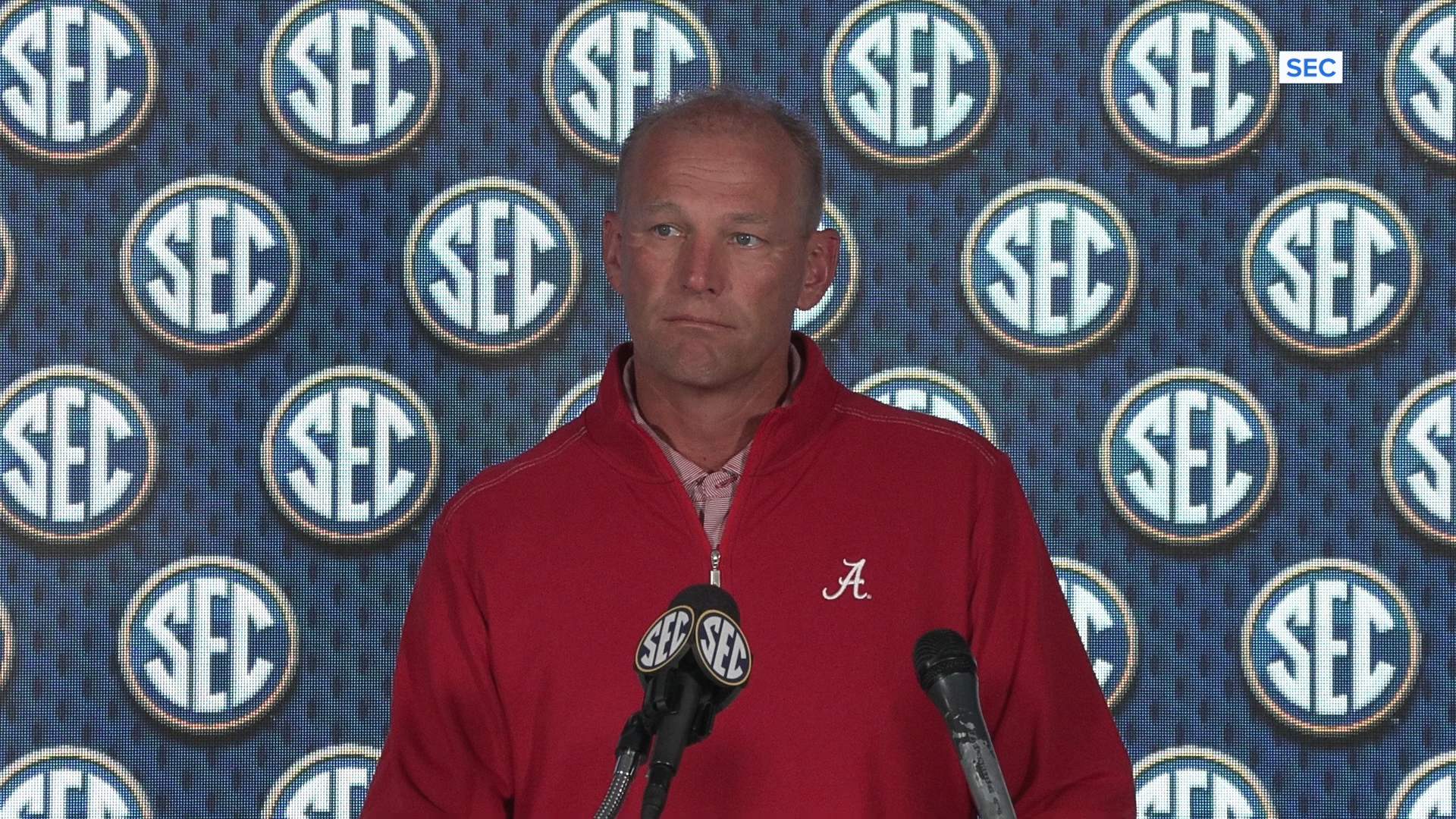 Alabama Head Football Coach Kalen DeBoer speaks at SEC 2025 Spring ...