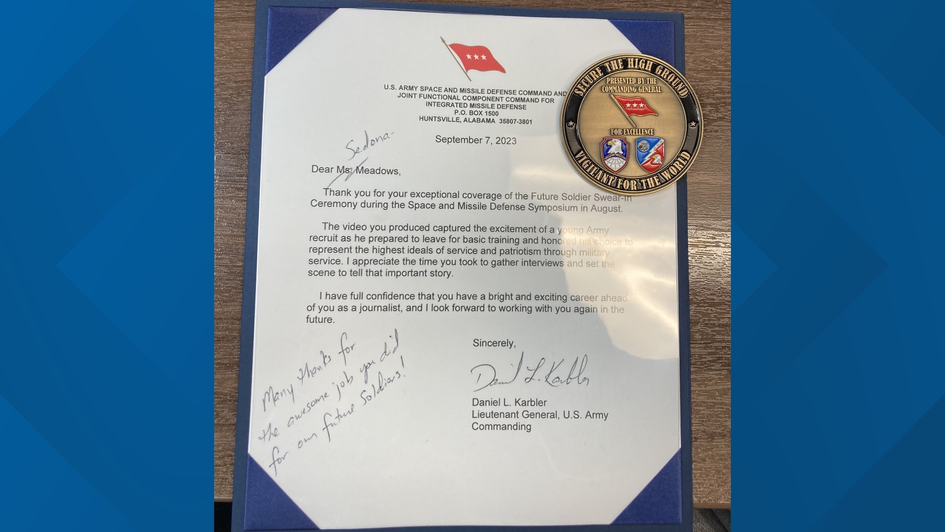 Sedona Meadows honored by Lt. General Daniel Karbler | rocketcitynow.com