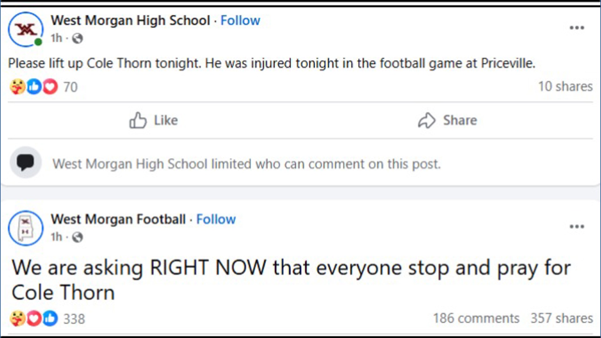 West Morgan High rallies for injured player Cole Thorn | rocketcitynow.com